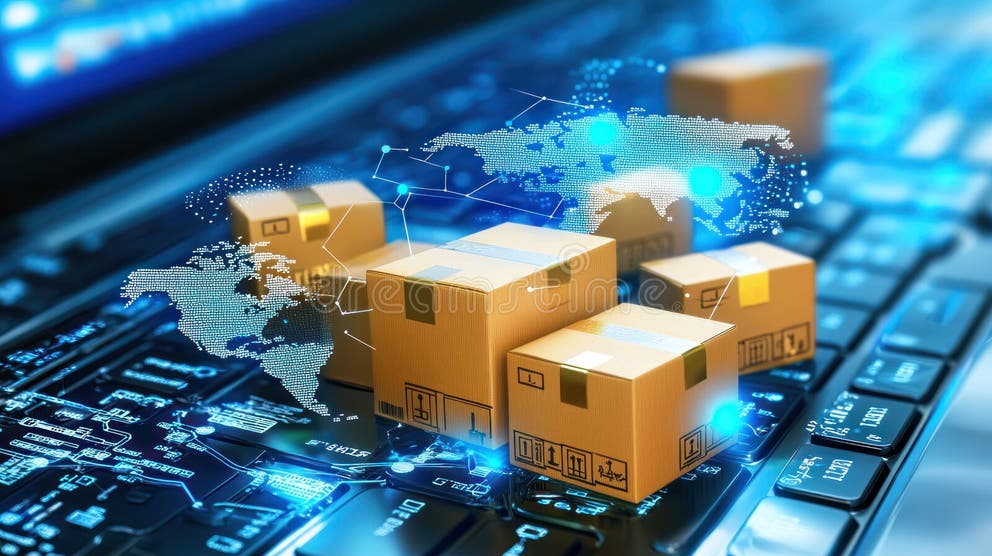 Data Packets and Delivery Boxes on Digital Keyboard, Global Network ...