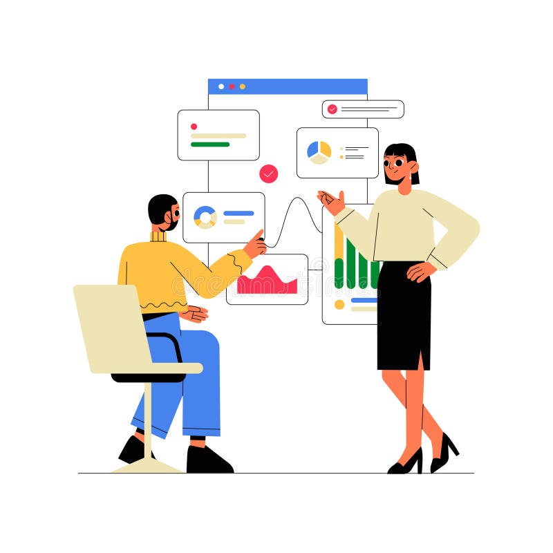 Data Presentation with Male Analyst and Female Presenter Symbolizing Business Analytics and ...