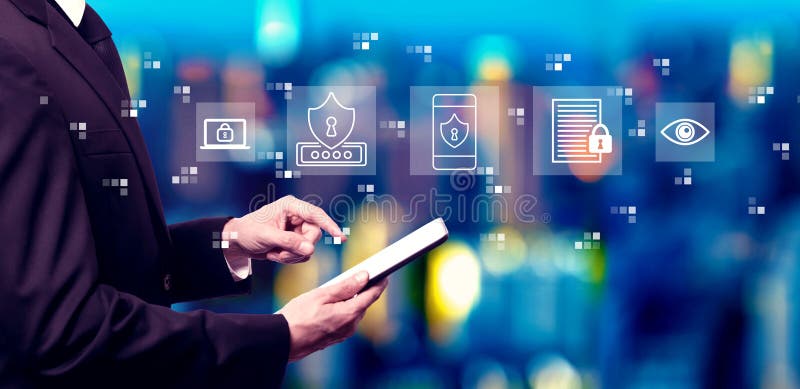 Data Privacy Concept with Businessman Using a Tablet Computer Stock ...