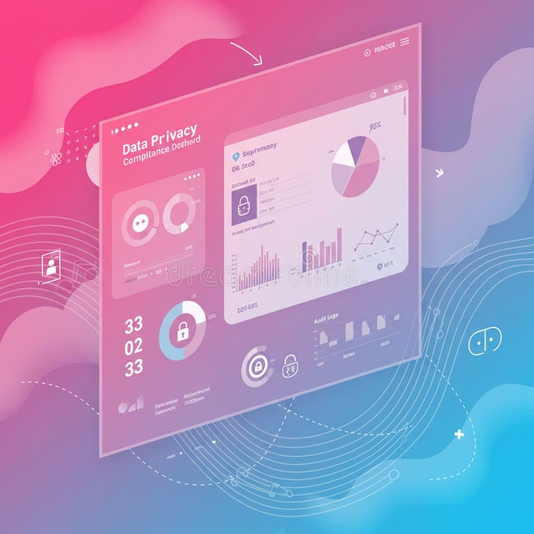 Data Privacy Dashboard Interface on a Gradient Pink and Blue Background. Displays Stock ...