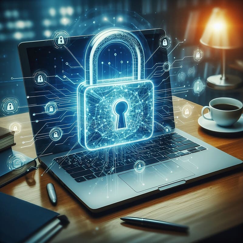 Data Privacy and Network Security Laptop with Virtual Padlock, Postcard ...