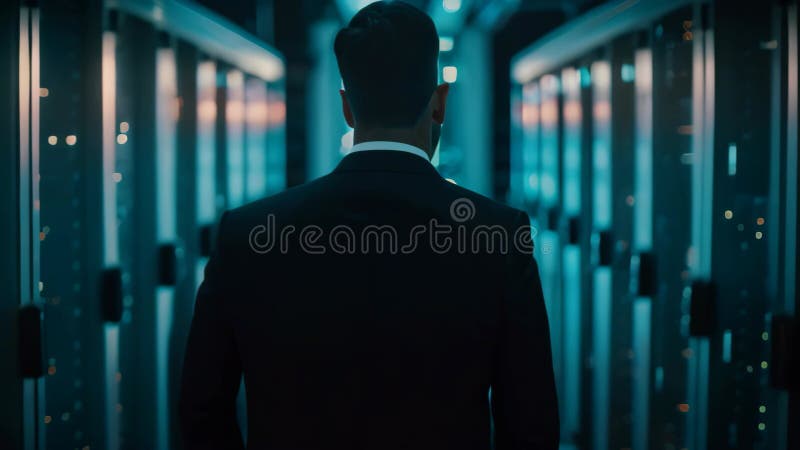A Data Privacy Officer in a Suit Standing Inside a Server Room, a Data ...