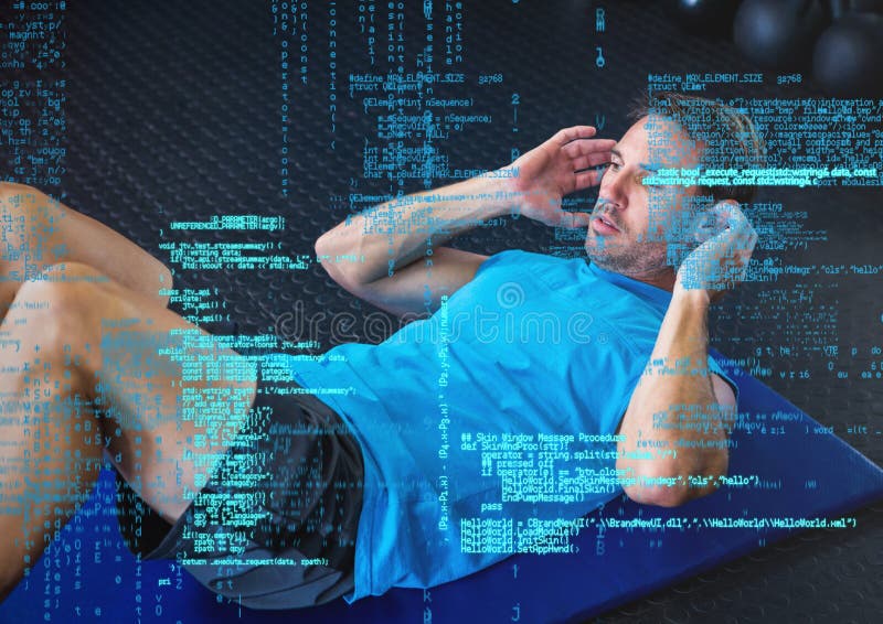 Data Processing Against Caucasian Fit Man Performing Crunches Exercise ...