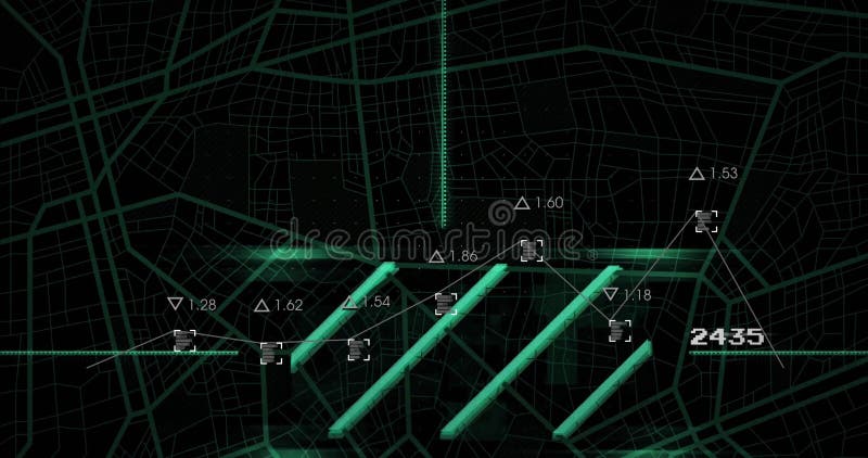 Data Processing Animation Over Digital Map With Numerical Values And