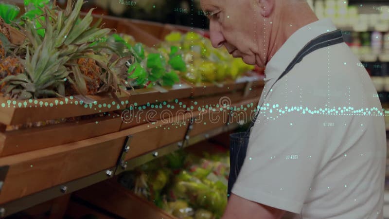 Data Processing Animation Over Elderly Man Selecting Produce in Grocery Store Stock Video ...