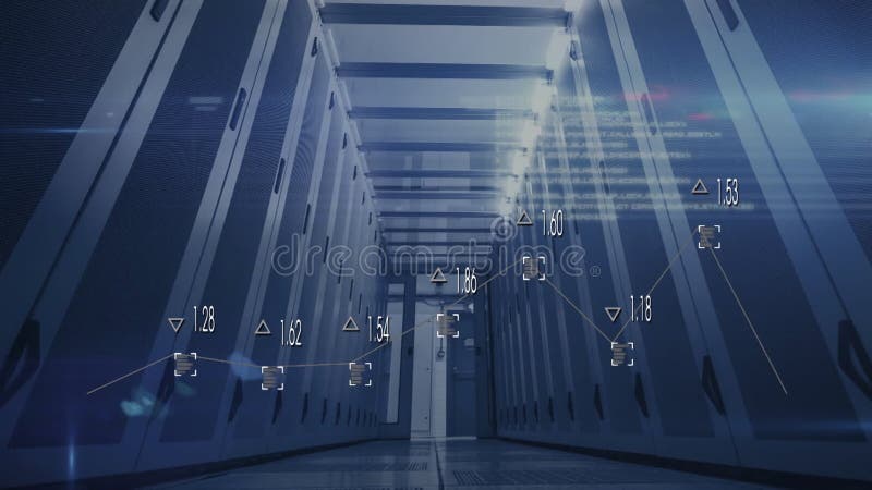 Data Processing Animation Over Futuristic Server Room with Blue ...