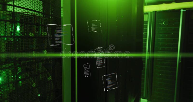 Data Processing Animation Over Green-lit Server Room with Floating Code ...