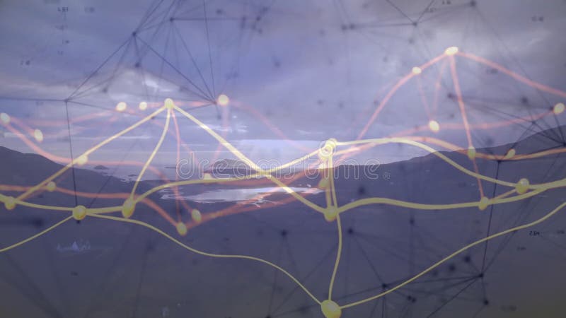 Data Processing Animation Over Landscape Showing Network of Connections ...