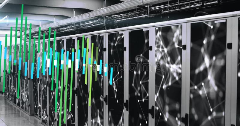 Data Processing Animation Over Server Racks In Data Center Showing