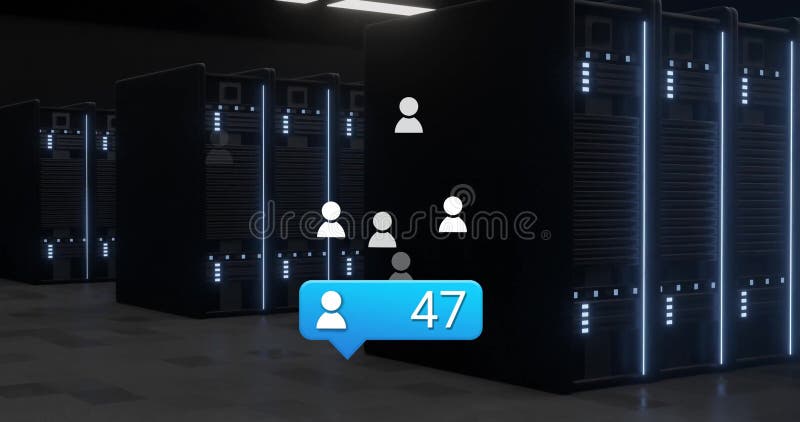 Data Processing Animation Over Server Room with User Icons and ...