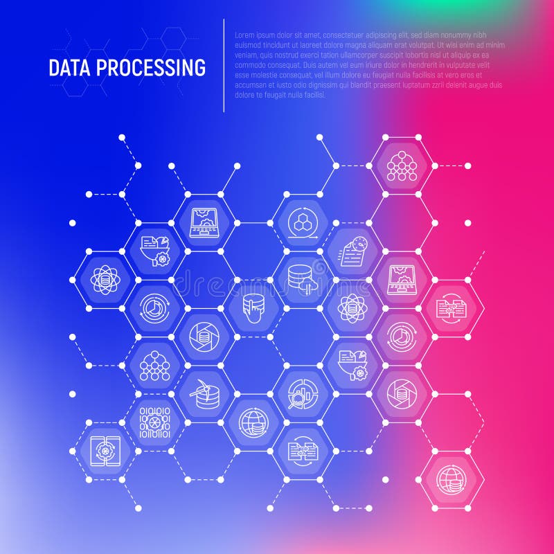 Data Processing Concept in Honeycombs with Thin Line Icons: Data Stock ...