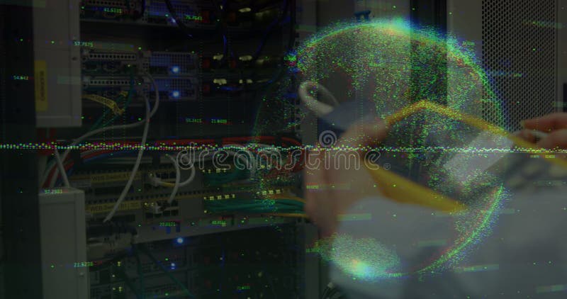 Data Processing and Globe Against Mid Section of a Engineer at Computer Server Room Stock Photo ...