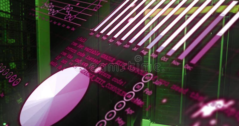 Data Processing Image Over Server Racks with Monthly Timeline and Code Stock Illustration ...