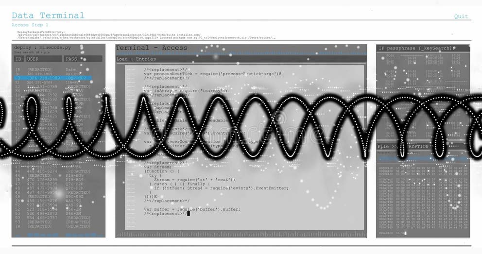 Data Processing Image Over Terminal Access Screen with Code and Wave Pattern Stock Illustration ...