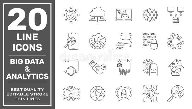 Big Data and Analytics Icons Set. Contain Icons As Chart, Report Document, Graph Data Analytics ...