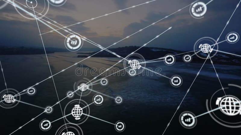Data Processing Network Animation Overlaying Landscape with Connected Lines and Dots Stock ...
