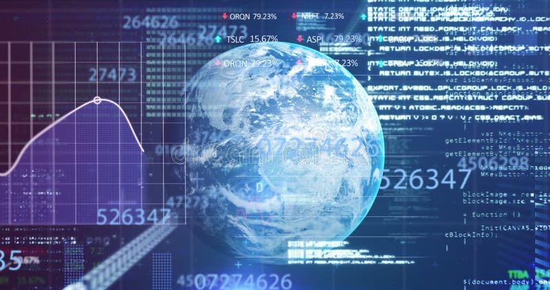 Data Processing Over Spinning Globe Against Blue Background Stock ...