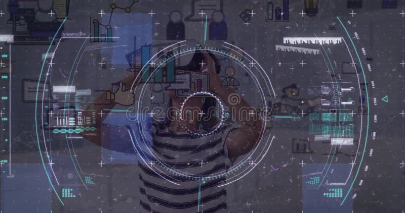Data Processing and Scope Scanner Over Digital Icons Floating Against Woman Wearing Vr Headset ...