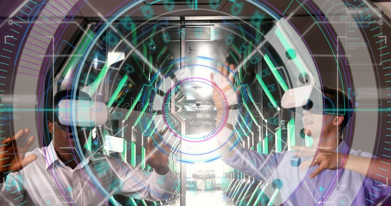 Data Processing and Scope Scanner Over Two Diverse Men Gesturing while ...