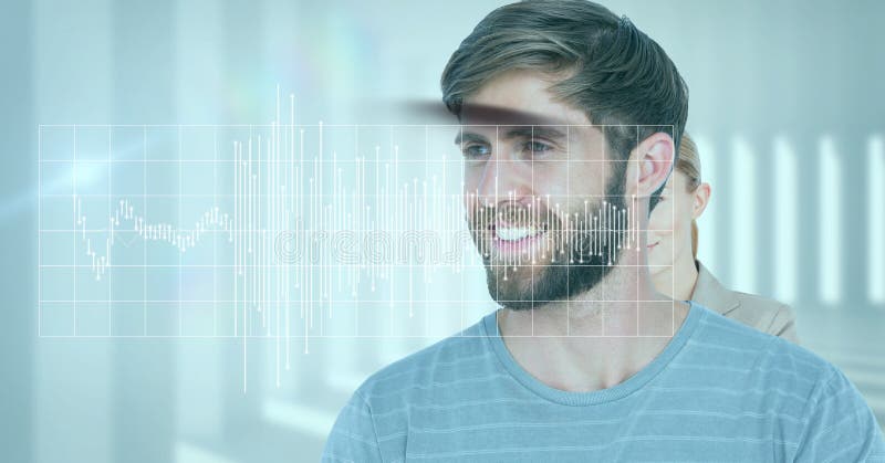Data Processing and Spot of Light Over Caucasian Man Smiling Against ...