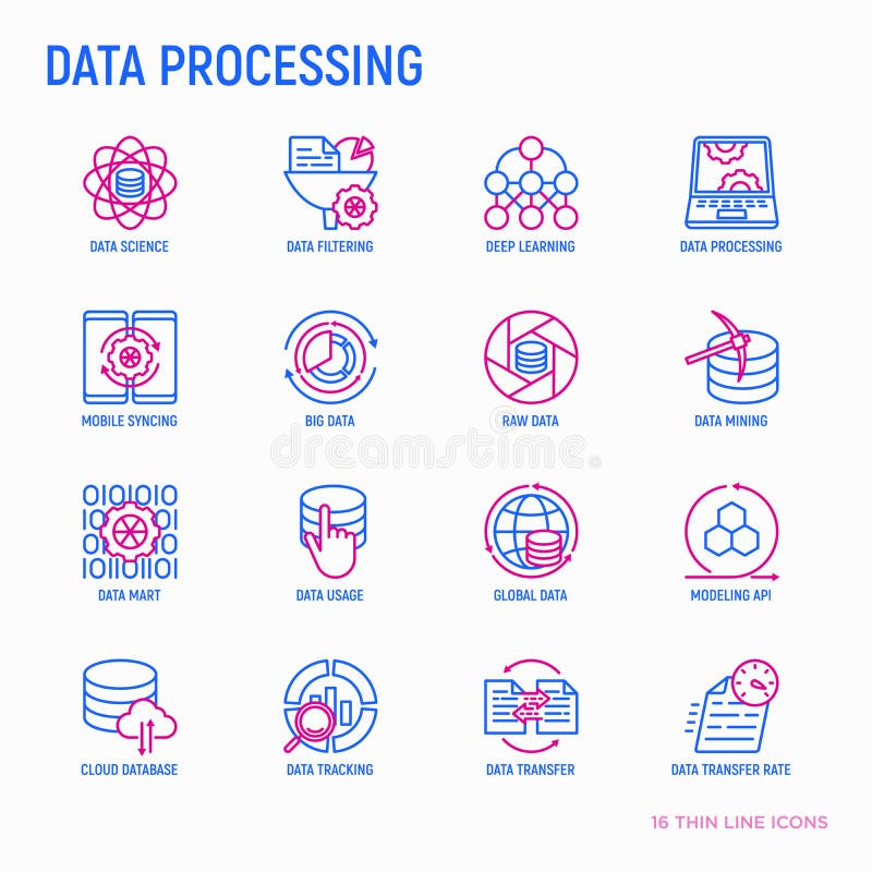 Data Processing Thin Line Icons Set Stock Vector - Illustration of ...