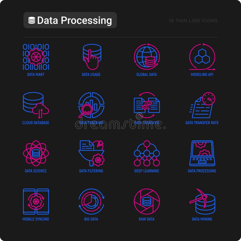 Data Processing Thin Line Icons Set Stock Vector - Illustration of rate ...