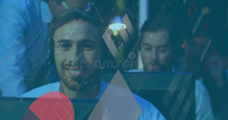 Data Processing Visuals Overlay a Diverse Call Center Team in Action ...