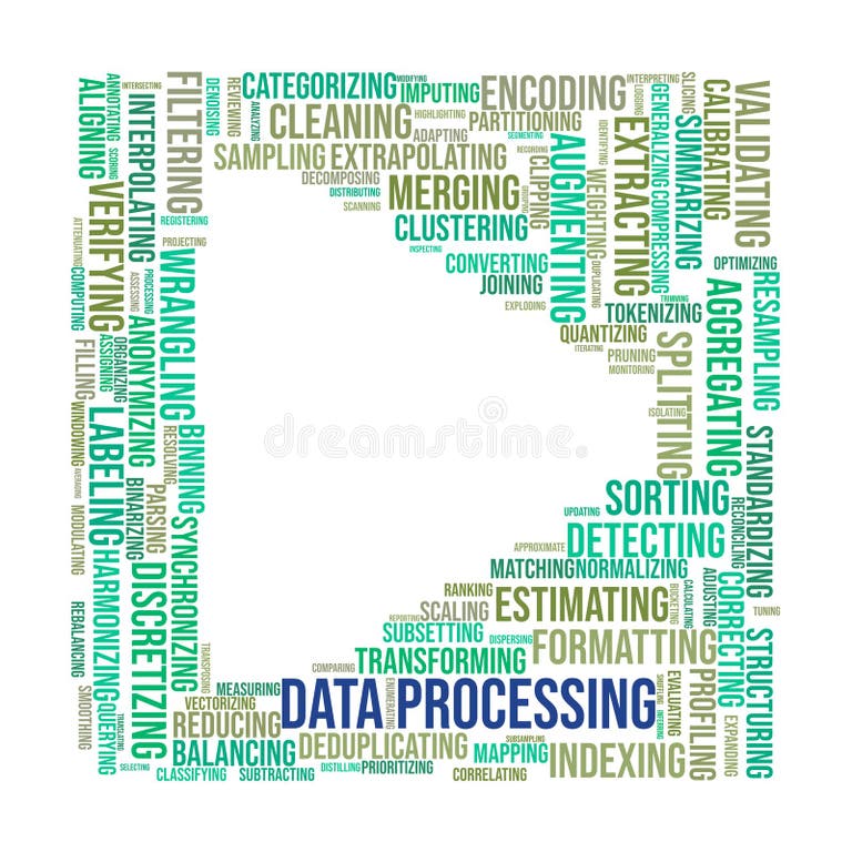 Data Processing Word Cloud. Essential Data Handling and Transformation Methods Stock ...