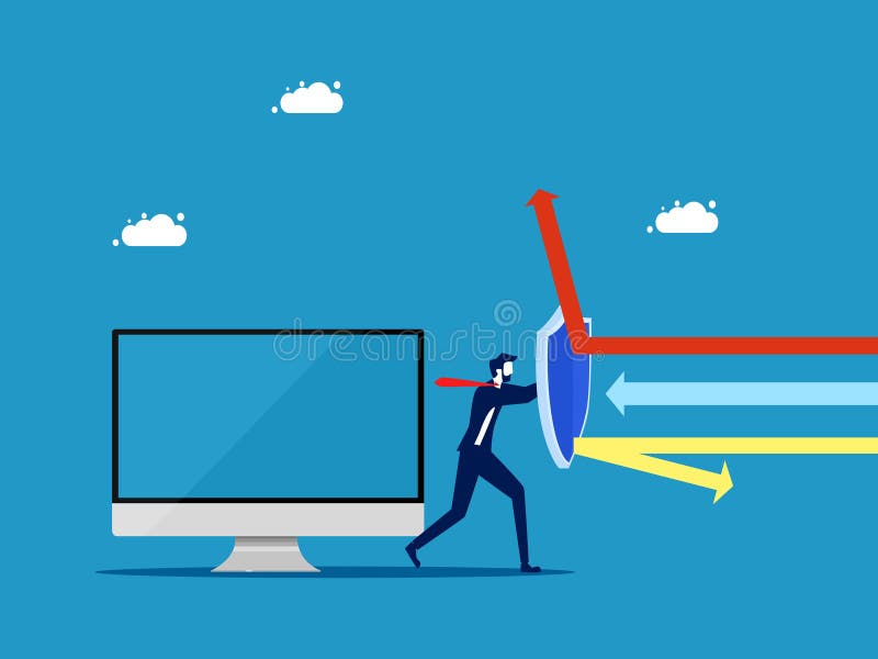 Data Protection. Businessman Holding Shield To Protect Computer Stock ...