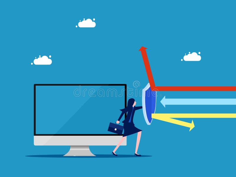 Data Protection. Businesswoman Holding Shield To Protect Computer Stock ...