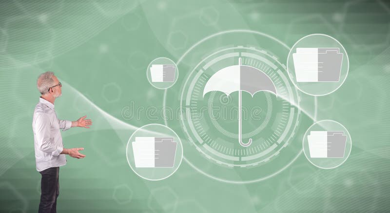 A Data Protection Concept Explained by a Businessman on a Wall Screen ...