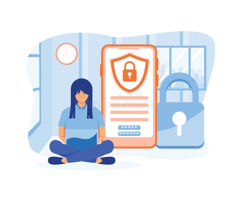 Data Protection Concept. Woman Sitting Near Big Padlock is Providing ...