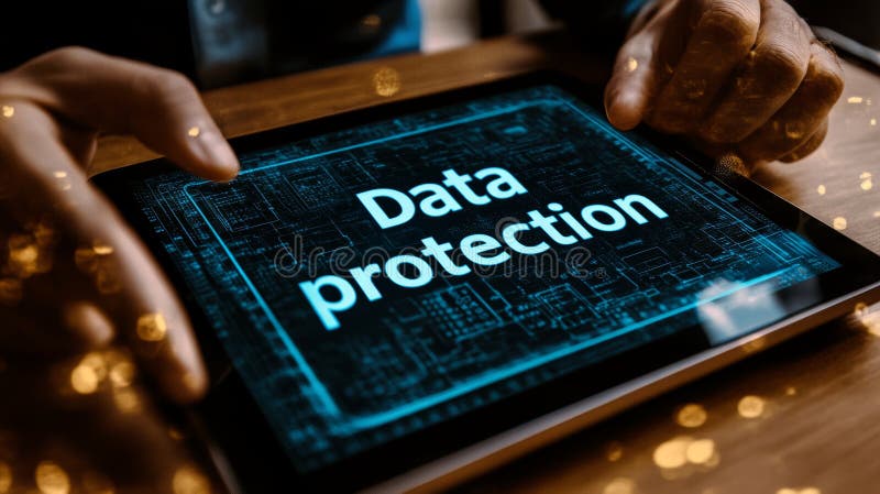 Data Protection, Cyber Security, and Privacy Concept. Man Using Tablet ...