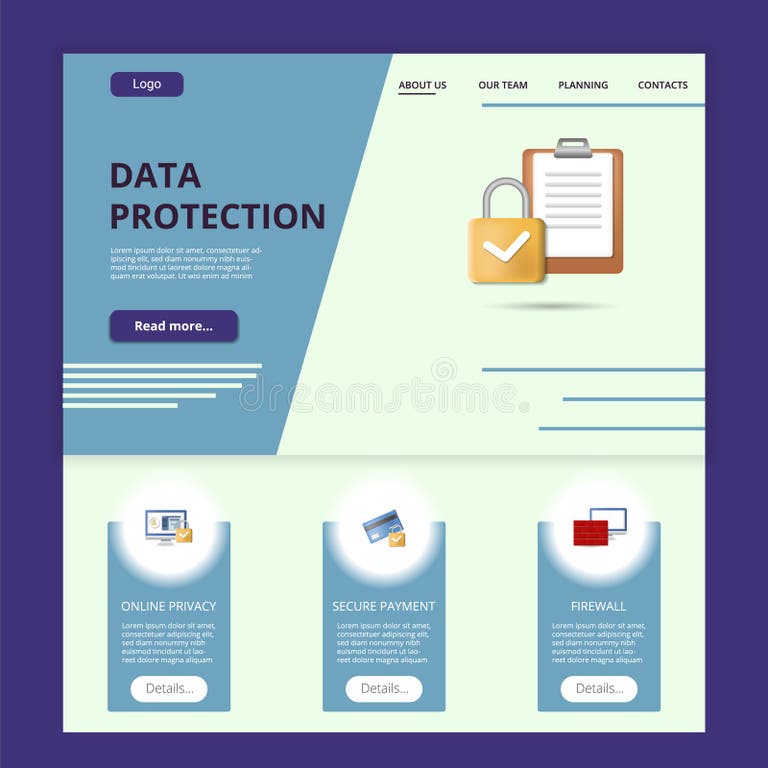 Data Protection Flat Landing Page Website Template. Online Privacy, Secure Payment, Firewall ...