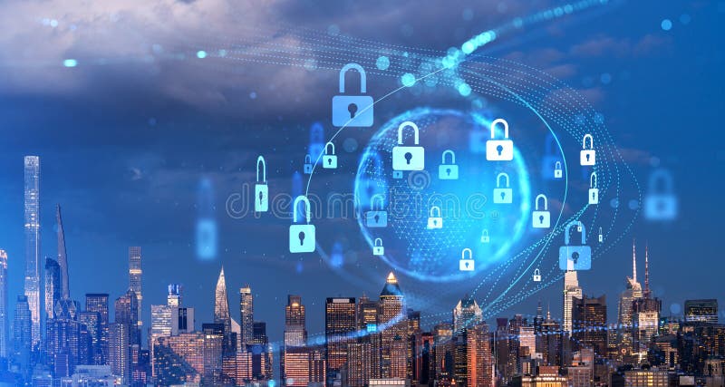 Data Protection Interface in Night City Sky Stock Photo - Image of ...