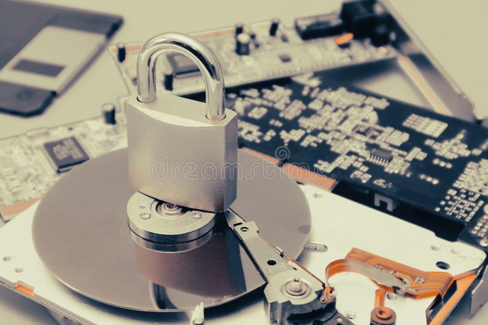 Data Protection Minimal Concept. Disassembled HDD and Door Lock. the ...