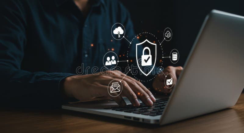 Data Protection and Network Security Visualization with Digital Icons and Anonymous User Stock ...