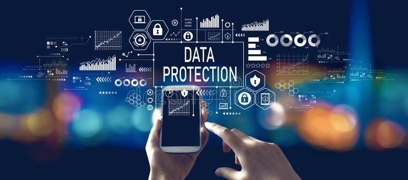 Data Protection Theme with Person Using a Smartphone at Night Stock ...