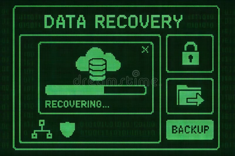 Data Recovery Concept Shown on Retro Pixelated Screen. Digital Information Backup Process with ...