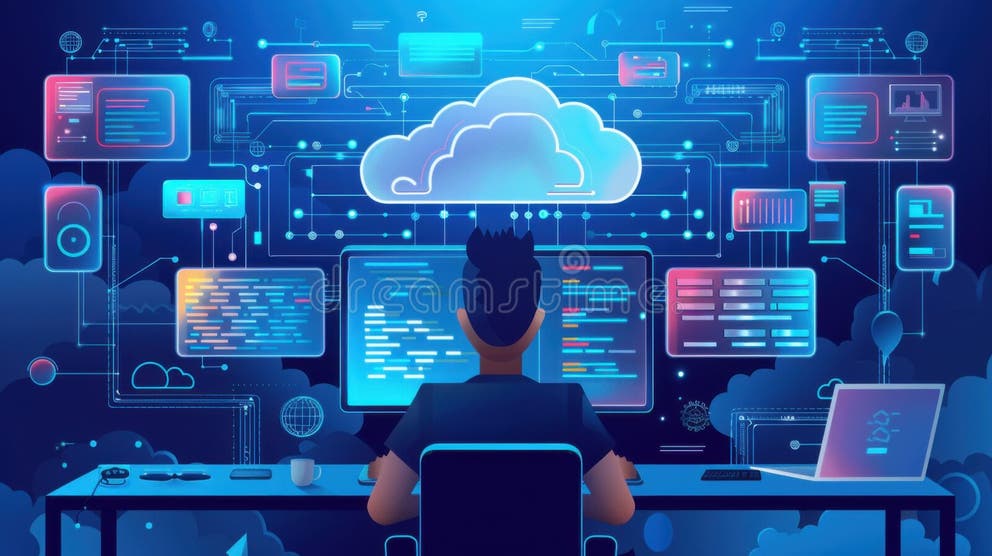 Data Science, AI and Cloud Data Concept. Computer Programmer. Stock Image - Image of digital ...