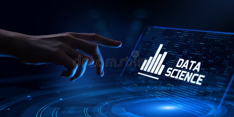Data Science Analytics Technology Concept. Hand Pressing Button on ...
