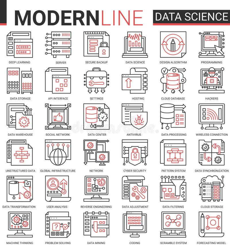 Data Science Complex Thin Red Black Line Icon Vector Illustration Set ...