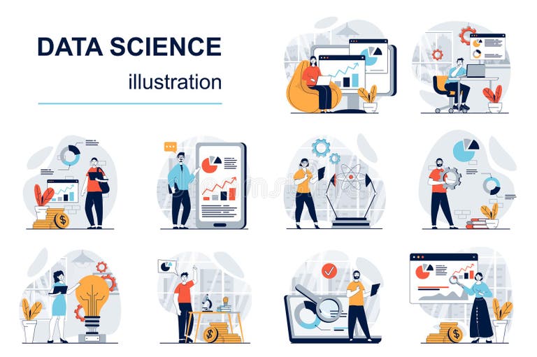 Data Science Concept with Character Situations Mega Set. Vector ...