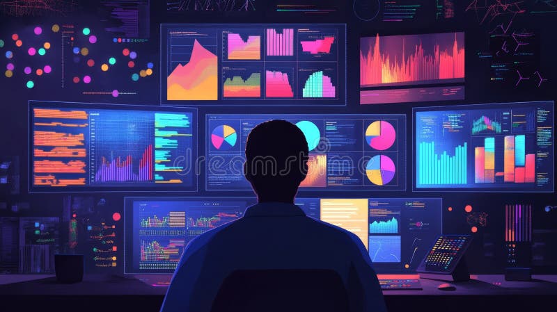 Data Scientist Analyzing Complex Datasets On Multiple Screens Stock