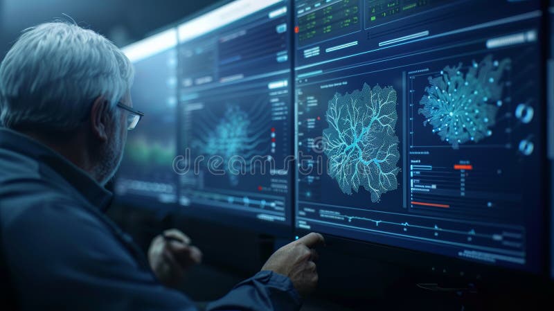 A Data Scientist Examines Intricate Data Visualizations and Analytics on Multiple Screens ...