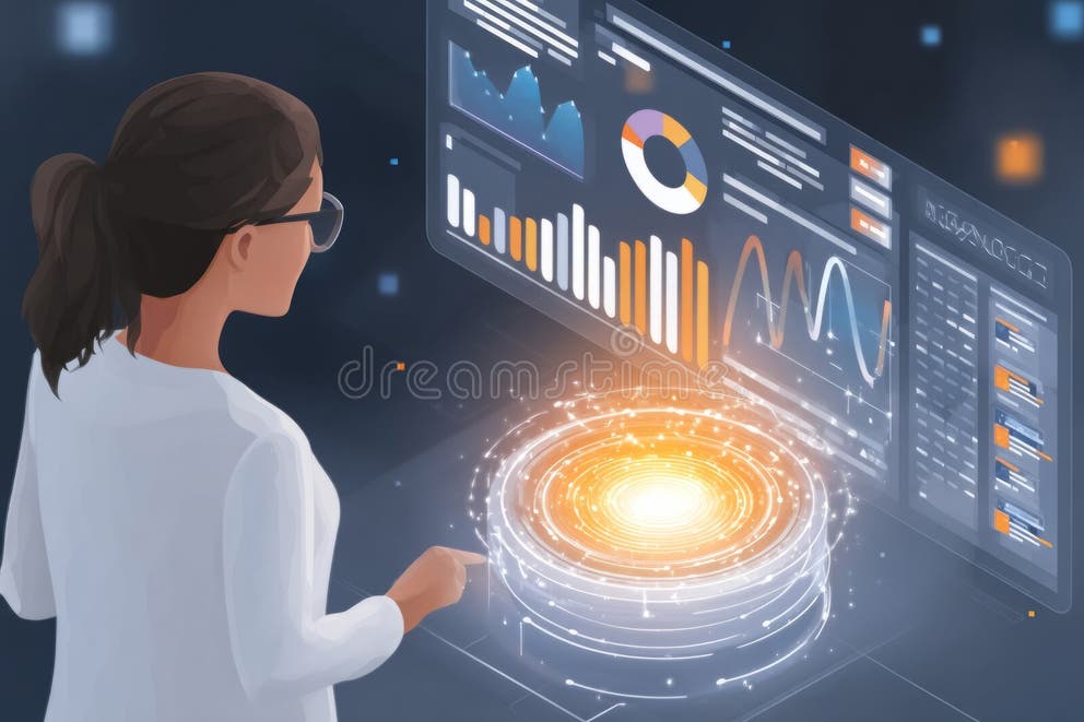 Data Scientist Feeding Datasets into a Glowing AI Core Hologram Stock ...