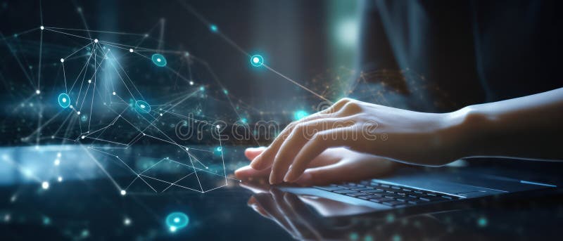 Data Scientist Programmer Using Laptop Analyzing Financial Data On Futuristic Virtual Interface