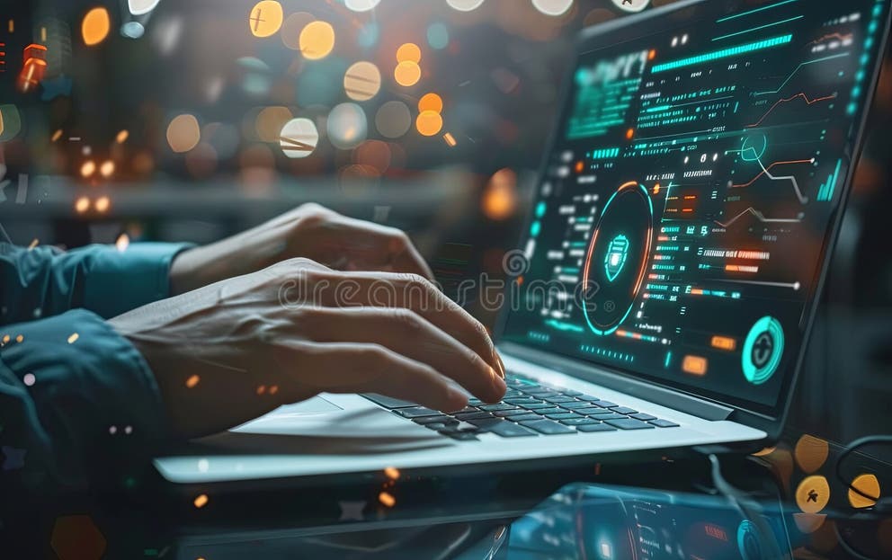 Data Scientist Programmer Using Laptop Analyzing Financial Data on Futuristic Virtual Interface ...