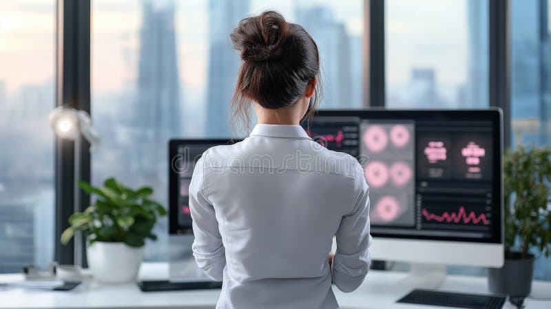 A Data Scientist, Standing in Front of Multiple Large Screens Displaying Complex Graphs and ...