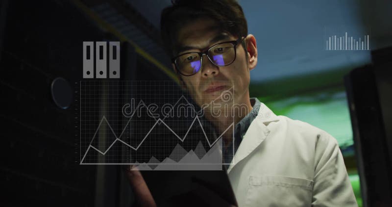 Data Scientist Tapping Tablet Causing Phone Icon Morphing into Laptop Cloud Charts Analyzing ...